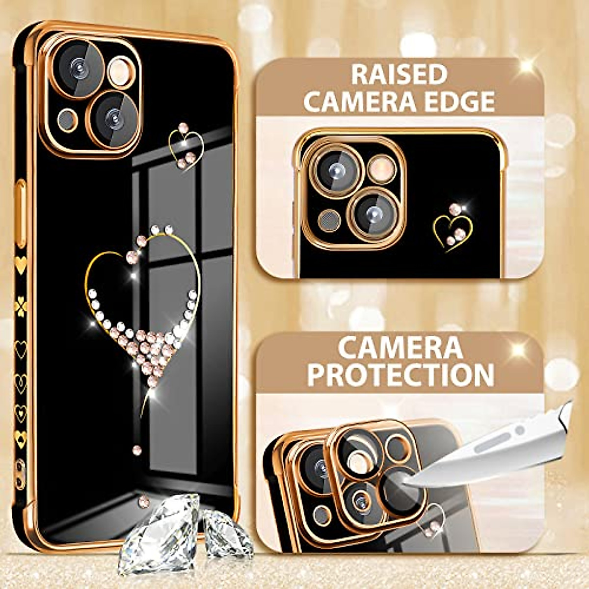 Petitian for iPhone 14 Plus Case, Cute Women Girls Bling Glitter Love Heart Designed for iPhone 14 Plus Phone Cases, Girly Gold Plating Phone Cover for 14 Plus with Camera Protection Black