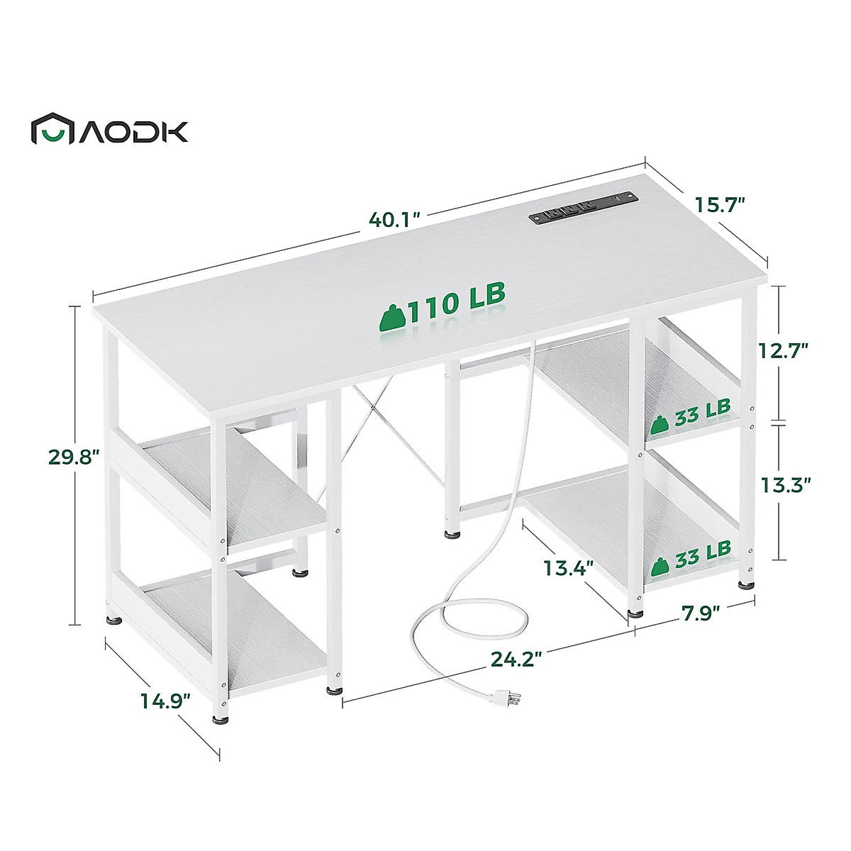 AODK 40 Inch Small Writing Desk with Power Outlets & USB Charging Port, Computer Desk for Small Spaces Home Office, Student Laptop PC Desks with Storage Shelves, Kids Desk, White