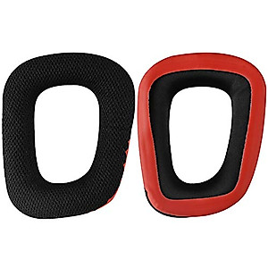 Geekria QuickFit Mesh Fabric Replacement Ear Pads for Logitech G430, G930 Headphone Ear Pad and Headband Pad/Ear Cushion + Headband Cushion/Repair Parts Suit (Red-Black)