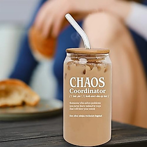 Chaos Coordinator Gifts - 16 oz iced coffee glass cup with bamboo lid and straw - Thank You Gifts for Coworker, Boss Lady Gifts for Women, Birthday Gifts for Manager, office, Teacher, Mom, Her, Nurse