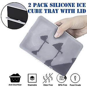 2 Pack Large Ice Cube Tray, Silicone Ice Cube Tray with Lid 6 Cavities Reusable & Flexible Designed BPA Free 2 Inch Ice Cube Mold Maker for Whiskey, Cocktail, Juice (Black)