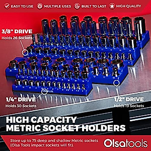 Olsa Tools Magnetic Socket Organizer | 3 Piece Socket Holder Kit | 1/2-inch, 3/8-inch, 1/4-inch Drive | Metric Blue | Holds 75 Sockets | Professional-Grade