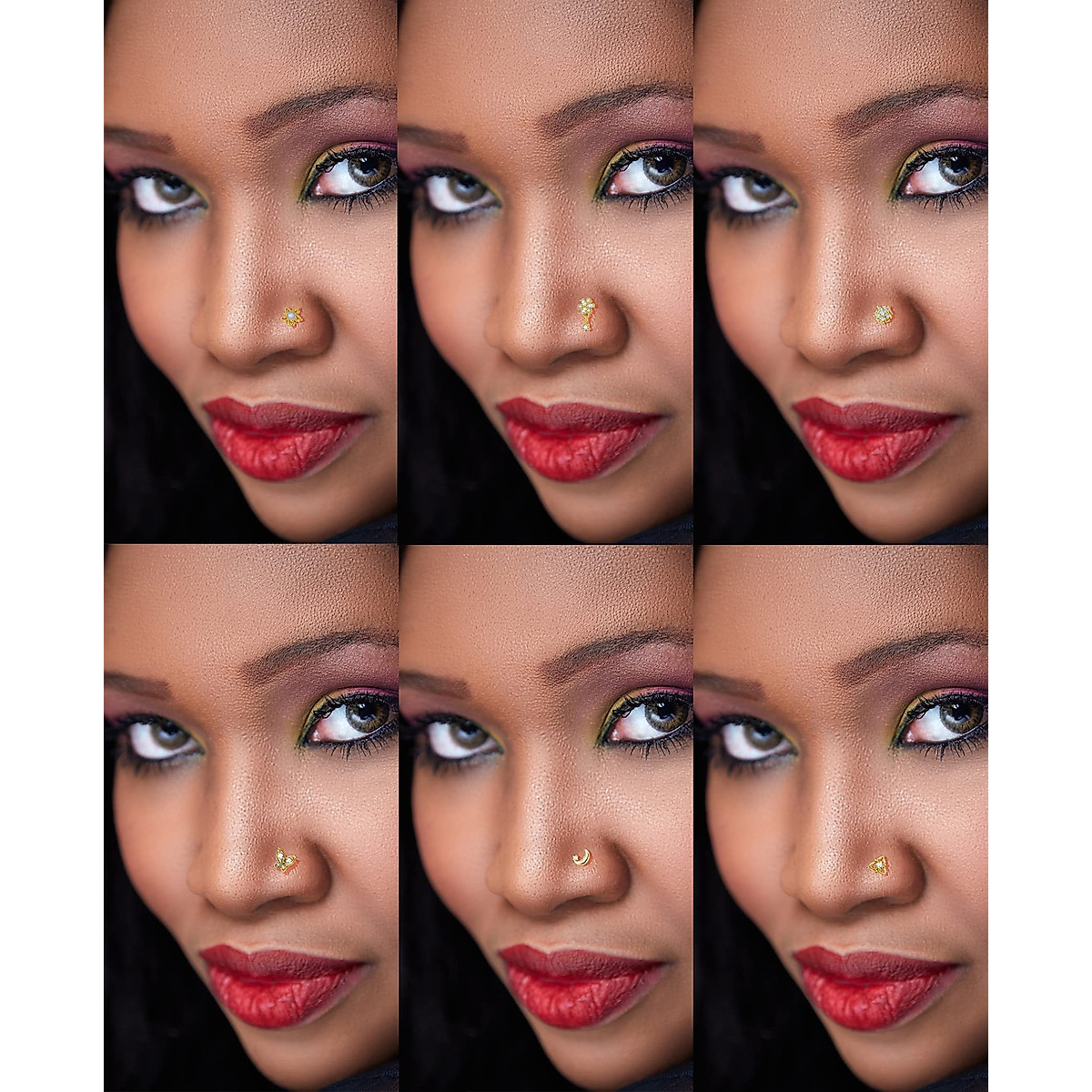 Fxiqini 12Pcs Nose Stud Rings L Shaped Cubic Zirconia Stainless Steel Nose Studs Moon Butterfly Snake Flower Red Heart Star Dangle Nose Piercing Jewelry Nose Stud for Women Men 20G Silver Gold Tone