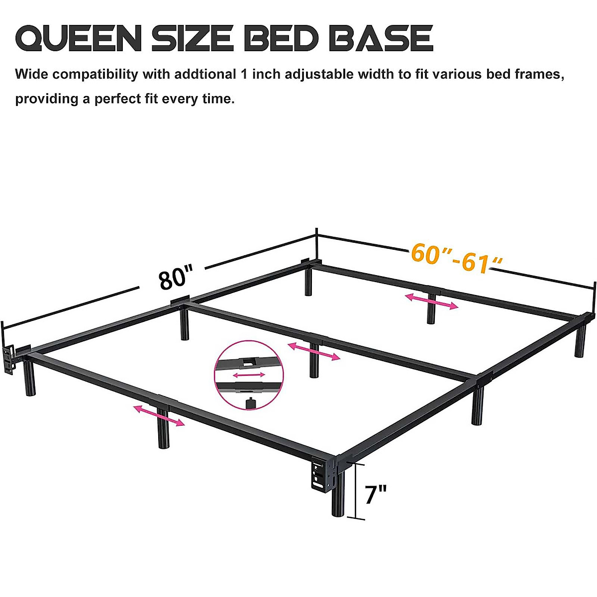 Bedsnus 7 Inch Metal Bed Frame Queen Size, Compatible with Most Brand Box Spring Or Mattress, 9-Leg Support Bed Base, Headboard Attachable, Noise-Free, Easy Assembly, Black