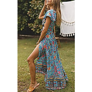 ZESICA Women's 2023 Bohemian Floral Printed Wrap V Neck Short Sleeve Split Beach Party Maxi Dress,Green,Medium