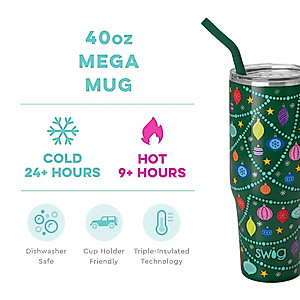Swig Life 40oz Mega Mug, 40 oz Tumbler with Handle and Straw, Cup Holder Friendly, Dishwasher Safe, Extra Large Insulated Tumbler, Stainless Steel (O Christmas Tree)