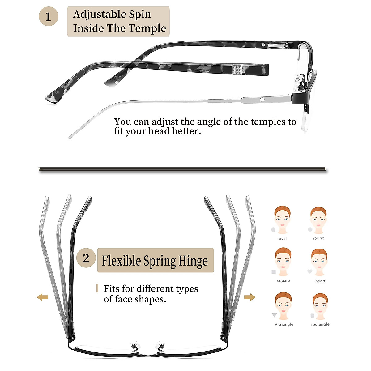 HOTJOJO 3 Pack Reading Glasses for Women Blue Light Blocking, Metal Oval Half Frame Womens Readers Glass with Spring Hinge, Anti Blue Ray Reduce Eye Strain Glare Headache(100 Magnification Strength)