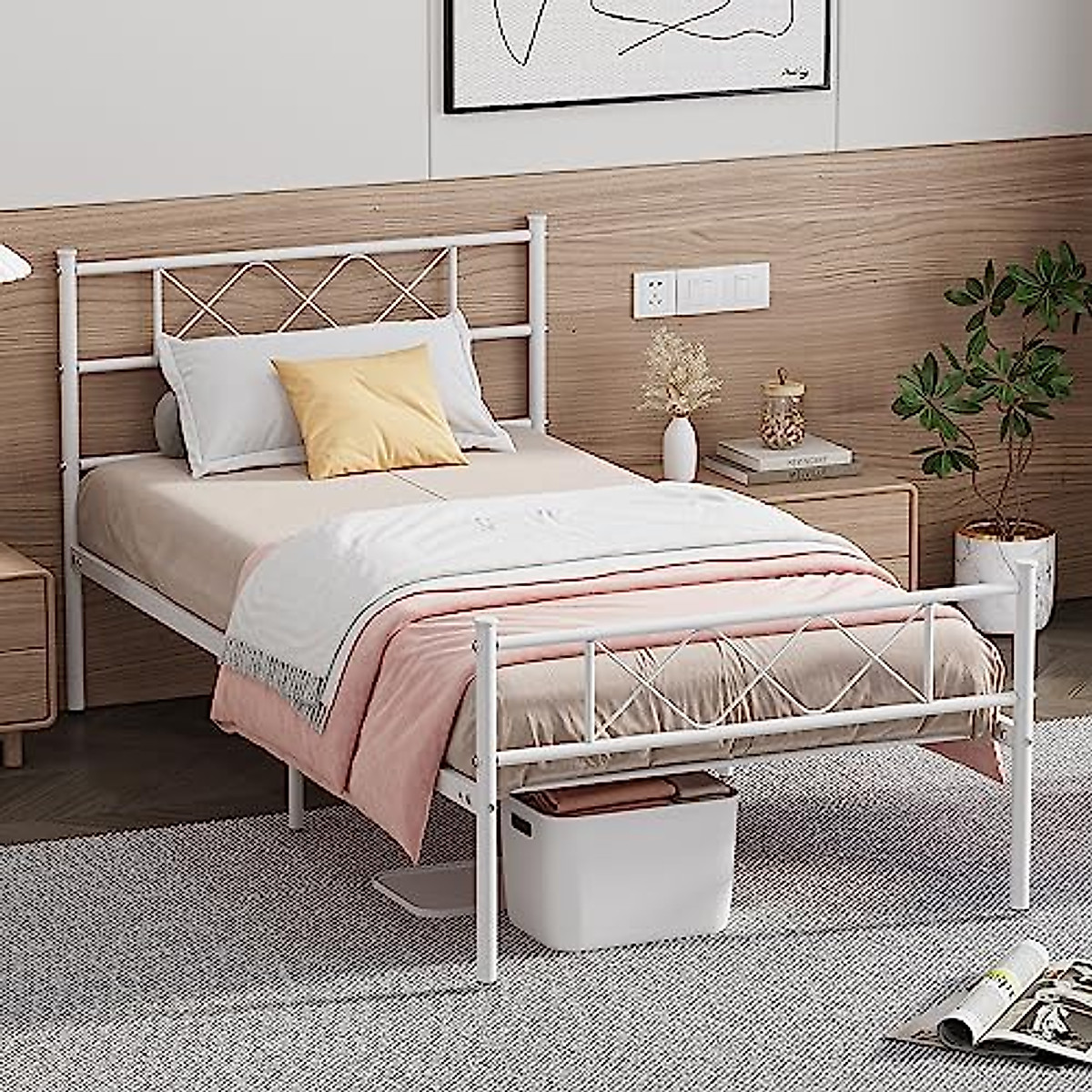 Weehom Twin Bed Frames for Kids Mattress Foundation No Box Spring Needed Large Storage Space Platform Bed Twin White