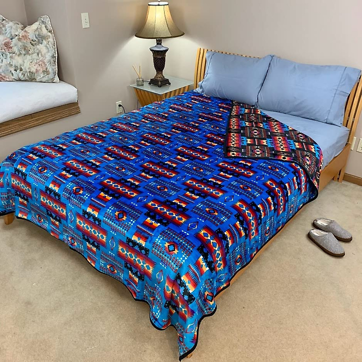 Sacred Thread Fleece Blanket, Southwestern Aztec Queen Blanket, Native American Throw Blanket for Sofa, Couch and Bed, Reversible Winter Blanket (Blue Flannel/Flannel 40x60)