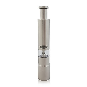 Avryware Stainless Steel Refillable Spice Grinder Mill For Salt, Pepper, and Seasoning - Thumb Operated Push Button For One Hand Grinding