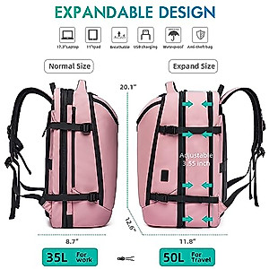 TANGCORLE Travel Carry on backpack 50L for Women, 17.3 inch Laptop Backpack with USB Charging Port, Expandable Flight Approved Casual Daypack for Overnight Weekender, Water Resistant Backpacks (pink)…