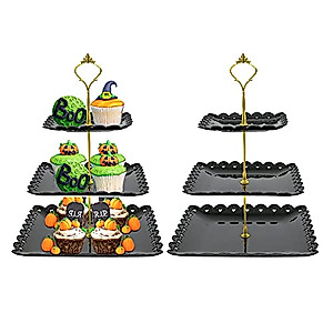 FEOOWV 2 Pcs Plastic 3 Tier Cupcake Stand, Black Fruits Desserts Candy Buffet Display Plate for Home Tea Party, Wedding, Halloween,Baby Shower Birthday Party (Square)