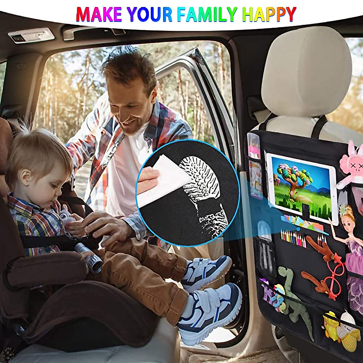 sunyou Car Backseat Organizer Car Organizer Kick Mats with 10inch Tablet Holder,10 Pockets, Car Organizer for Road Trip, Kid Snacks, Toys for Kids and Toddlers(2 PACK)