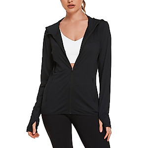 COOrun Women's UPF 50+ Sun Protection Hoodie Jacket Lightweight Full Zip Running Jacket Athletic Jacket with Thumb Holes Black M