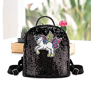 sikiwind Glitter Sequins Backpack Girls Cartoon Travel Colorful Shoulder Bag (Black)