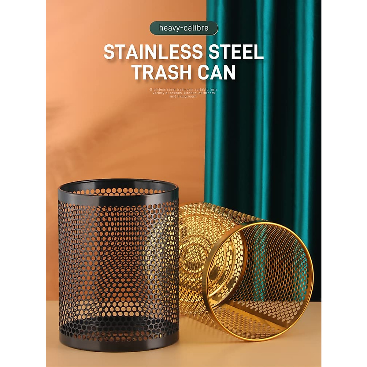 QIBORUN Mesh Wastebasket Round Stainless Steel Trash Can Recycling Bin for Home, Office, Bathroom, Bedroom & Kitchen, 3.5 Gallon / 12L, 11inch Height x 10inch Diameter Garbage Can-Gold
