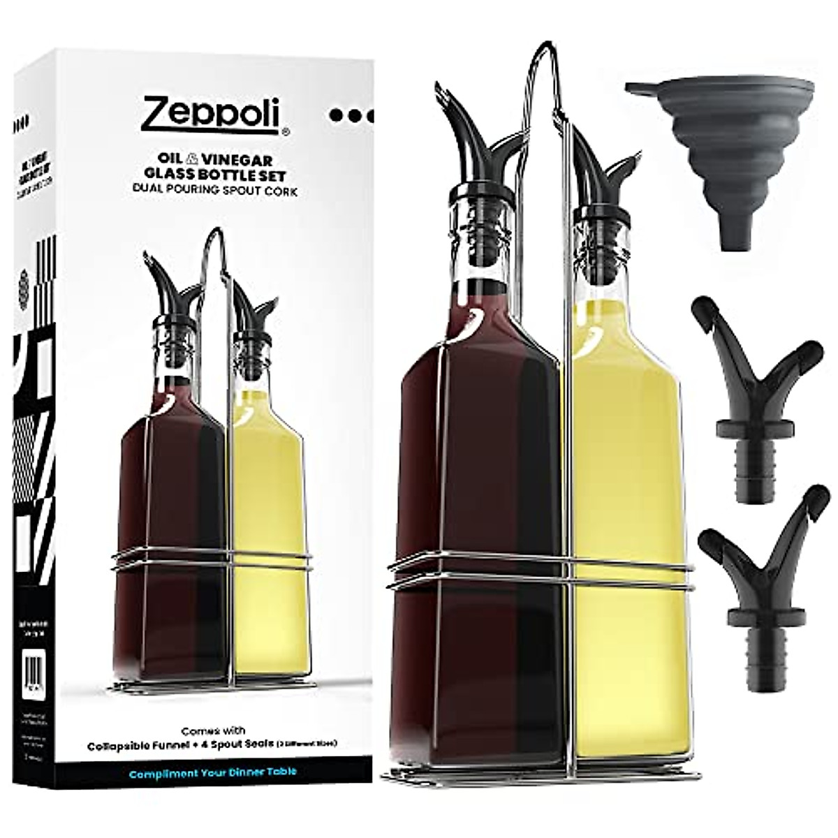 Zeppoli Olive Oil Dispenser Bottle Set - Stainless Steel Rack 2 Pack - Oil & Vinegar Dispenser Set - 4 Removable Dual Spout, Pouring Funnel -17 oz Oil & Vinegar Glass Bottle Set-Oil Cruet for Kitchen