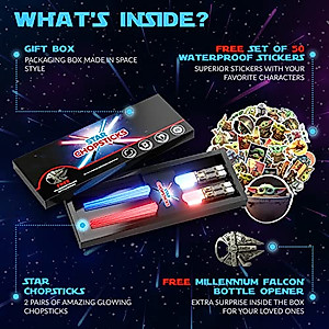 STAR CHOPSTICKS | FREE BOTTLE OPENER & STICKERS | 2 PAIRS DARK BOX | Lightsaber Chopsticks | Star Gifts and Toys for Kids | LED Light Up Reusable Safe Chopstick (Old Model)