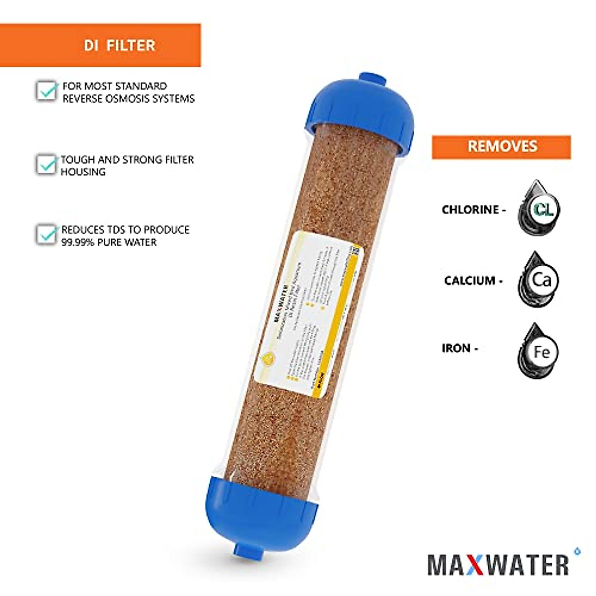 Max Water Mixed Bed Ion Exchange RODI Aquarium Filter Resin Replacement Cartridge, Compatible with 10" Drinking Reverse Osmosis Water Filtration System