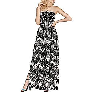 LA LEELA Women's Boho A line Slit Maxi Dress Smocked Top Evening Long Strapless Tube Dresses for Women One Size Kohl, Zig Zag