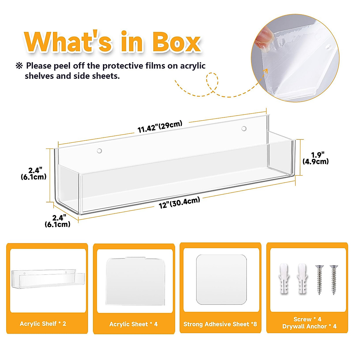 GTJ Acrylic Shelves, 4-Pack Spice Rack Wall Mount, Clear Book Shelves for Wall, Spice Organization, Vinyl Wall Mount, Cabinet, Pantry Door, Kitchen, Bedroom, Self-Adhesive and Drilling