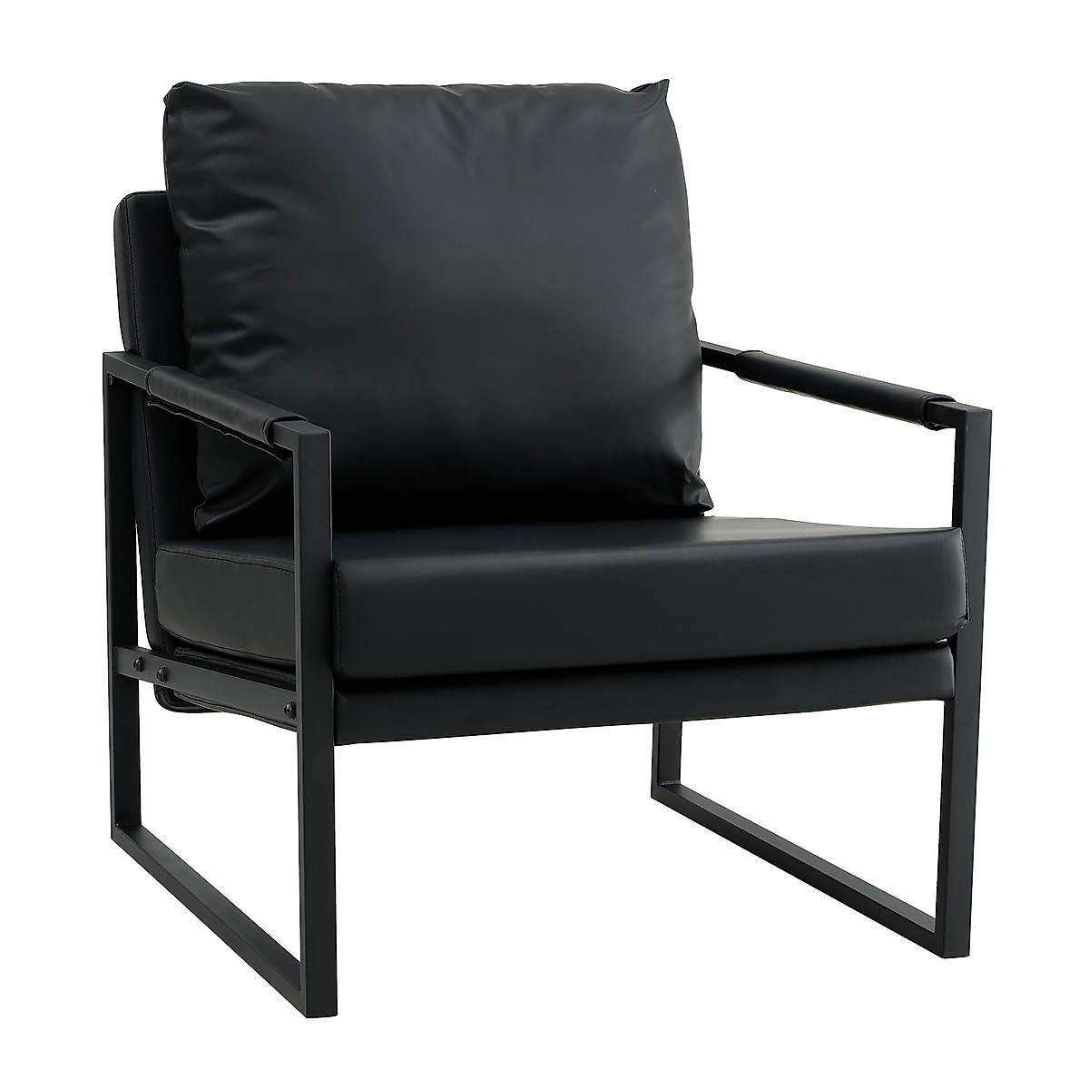 SPOFLYINN Furniture Soft Upholstered Armchair-Modern Metal Frame Pu Leather Accent Chair with Extra-Thick Padded Backrest & Seat for Home, Office, Living Room, Bedroom-Comfortable & Durable Black