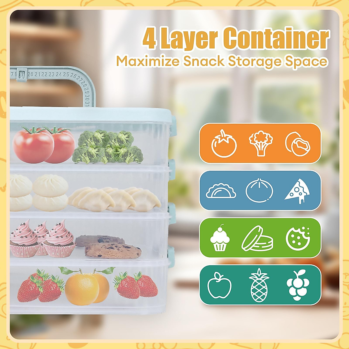 Splotiva 4 Layers Storage Container, 1.61'' Extra-High Layer, Cookie Carrier, Dumpling Box, Stackable Food Container (White & Mint Green)