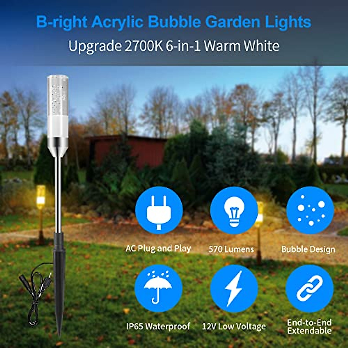 B-right LED Low Voltage Pathway Lights Outdoor, 4.8W 570 Lumens 12V AC Plug 6 Pack Extendable Landscape Lighting IP65 Waterproof Garden Lights Path Lights for Patio Yard Walkway, Warm White, 2700K