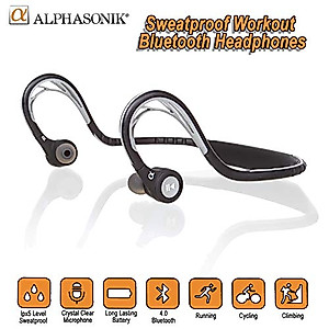 Alphasonik ASE300BT Bluetooth Headphones, V4.0 Wireless Sport Headphones, Sweatproof Running Headset with Built in Mic for Workout Exercise IPX5 SplashProof, Ergonomically Designed for Extra Comfort