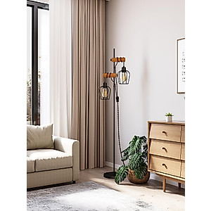 addlon Industrial Vintage Floor Lamp, Ajustable Farmhouse Floor Lamp, Wood Standing Lamp with Sturdy Base Rustic Tall Pole Light, Unique Tree Floor Lamps for Living Room Bedroom Office (2Bulb)