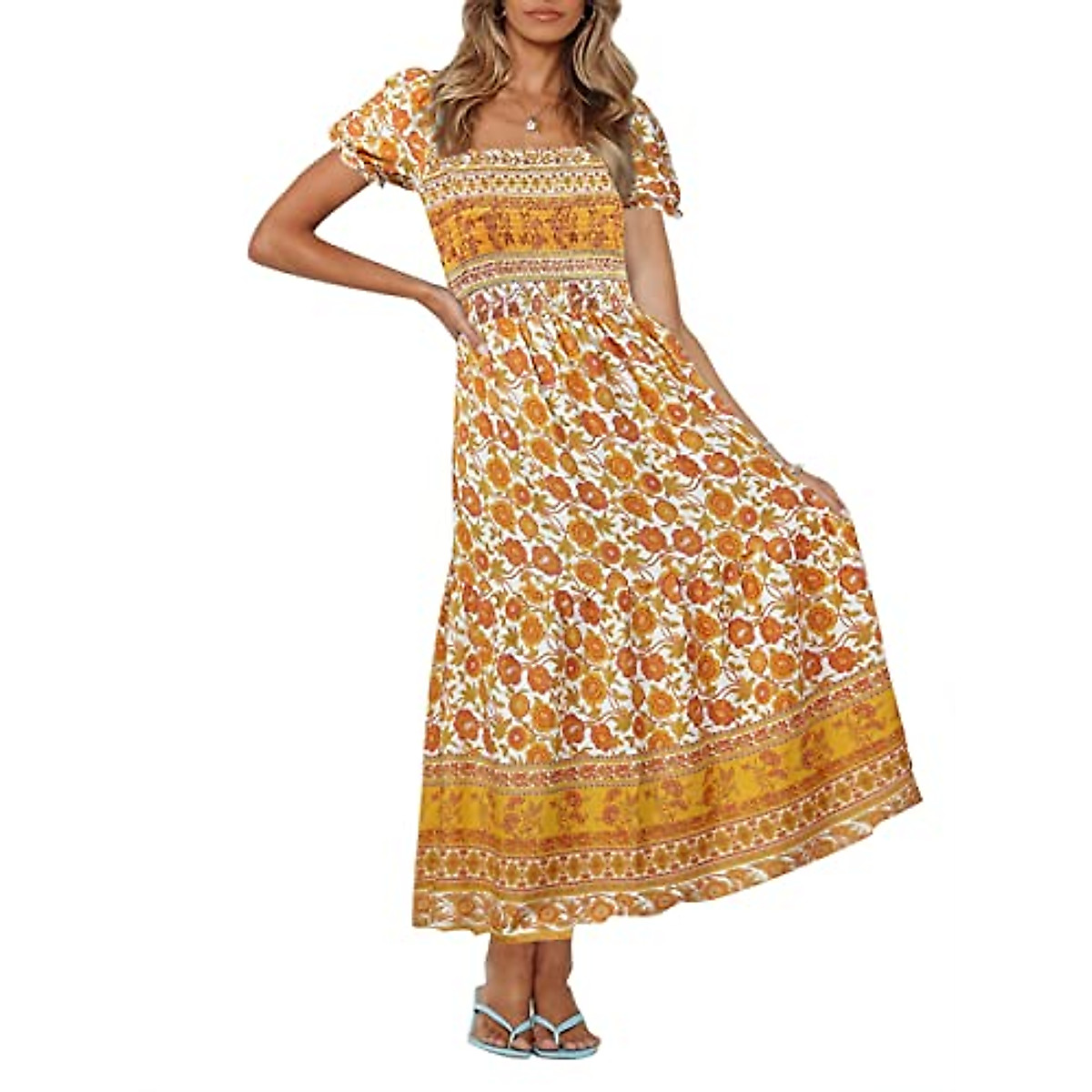 ZESICA Women's 2023 Summer Boho Floral Print Square Neck Ruffle Swing Beach Long Maxi Dress,Yellow,Medium