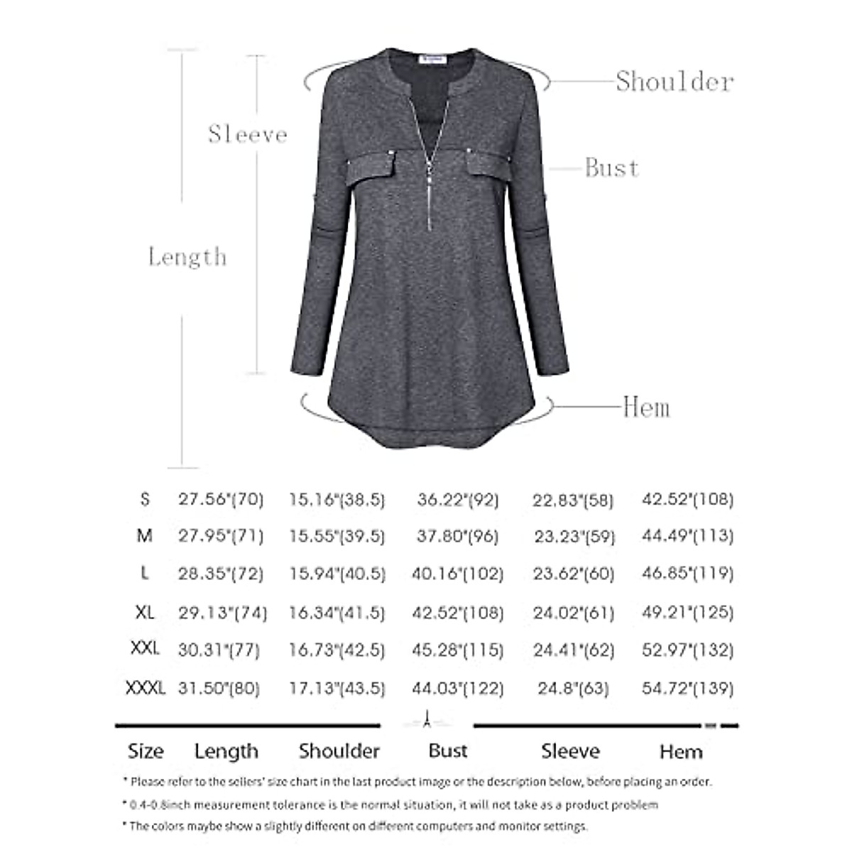 Bulotus Women's Zip Front Long Sleeve Loose Fit Tunic Blouse Casual Top,Grey,Large
