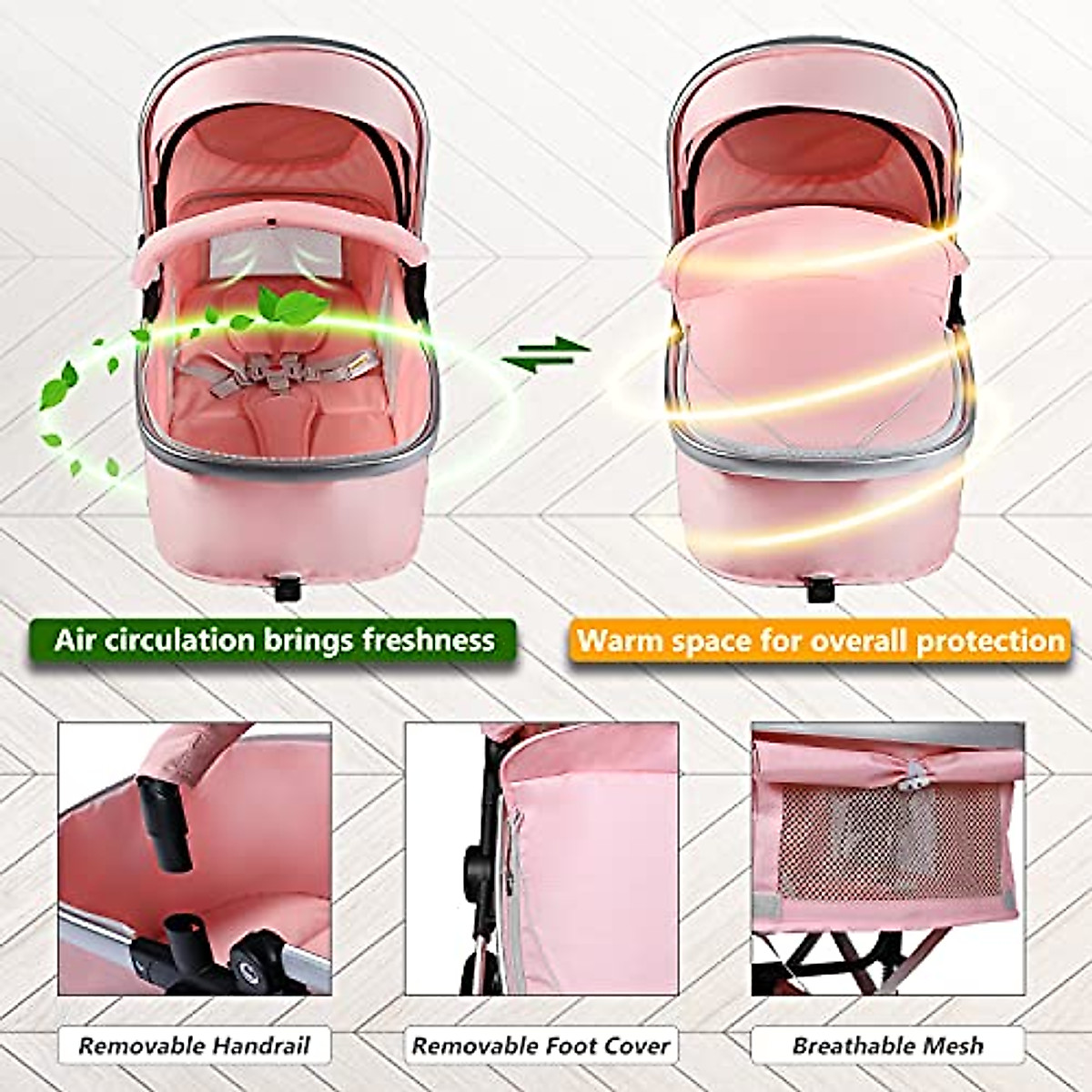 Kinder King 2 in 1 Convertible Baby Stroller, Folding High Landscape Infant Carriage, Newborn Reversible Bassinet Pram, Adjustable Canopy, Diaper Bag, Anti-Shock Toddler Pushchair Stroller, Pink