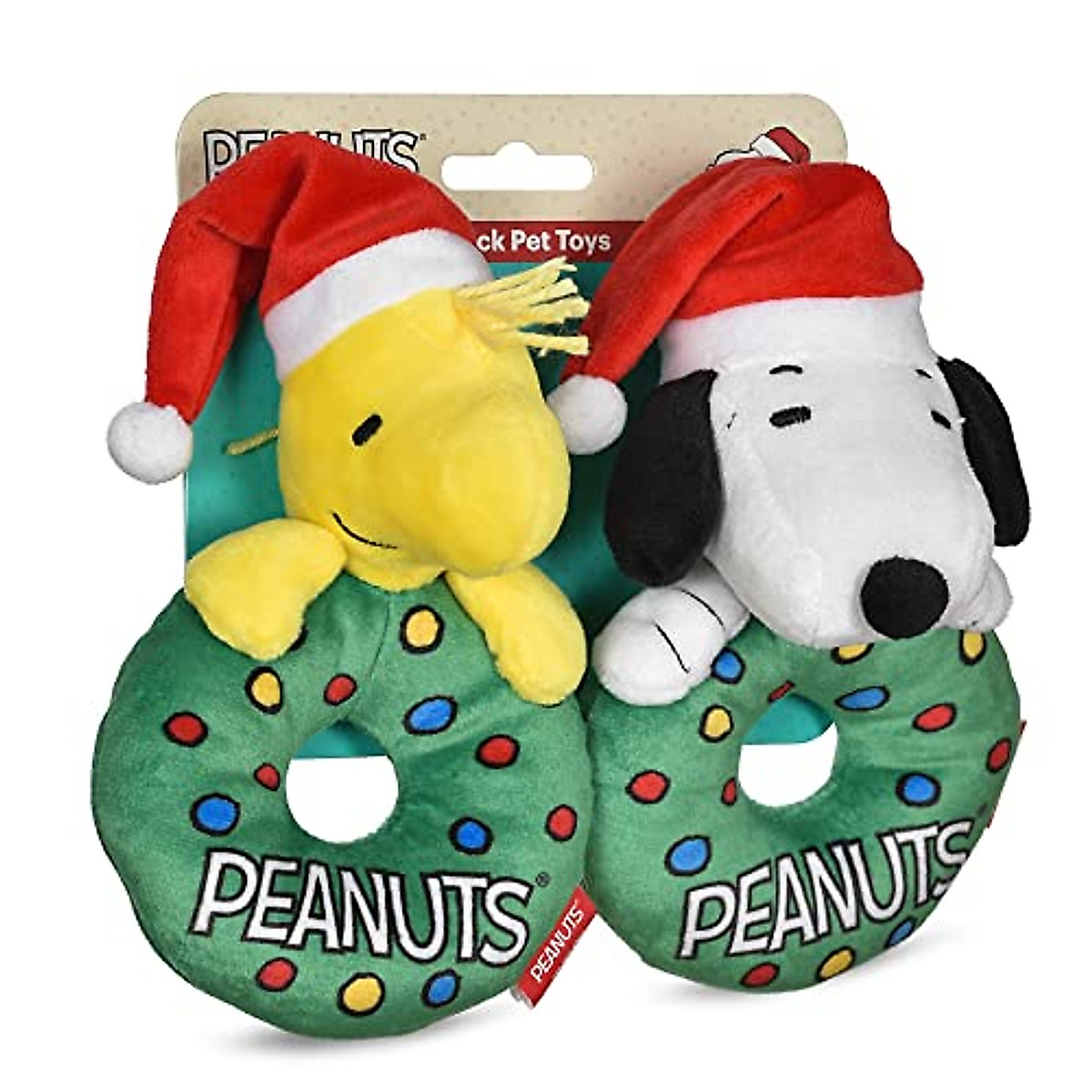 Peanuts for Pets Holiday Snoopy & Woodstock Wreath Plush Ring Pet Toy 2 Pack Dog Toy Set | Medium Squeaky Dog Toys, Cute & Soft Stuffed Dog Toys Officially Licensed from Comic Strip, 6"