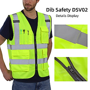 Dib Safety Vest Reflective ANSI Class 2, High Visibility Vest with Pockets and Zipper, Construction Work Vest Hi Vis Yellow M
