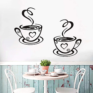 CUNYA 2 Sets Kitchen Wall Decor Stickers, Cups Coffee Time Quotes Decals with Beans Mural, Peel and Stick Wallpaper, DIY Removable Wall Art Decals Mural Posters Home Decor