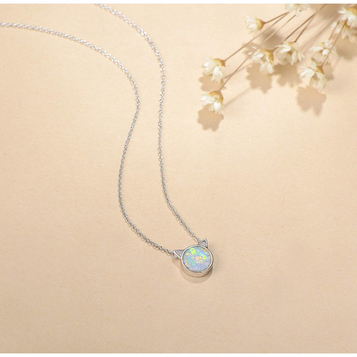 FANCIME Sterling Silver Cat Necklace White Created Opal Cat Pendant Cute Necklace Small Animal Jewerly For Women 18"