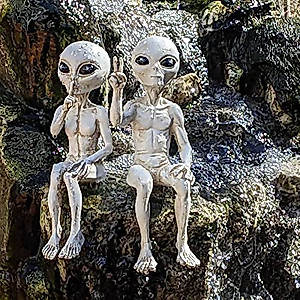 John Bernard & Company Alien Invasion Shelf Sitters 'Peace & Quiet' 10” H UFO Garden Alien Statues Figurine Set Funny Home and Garden Décor – Antique White
