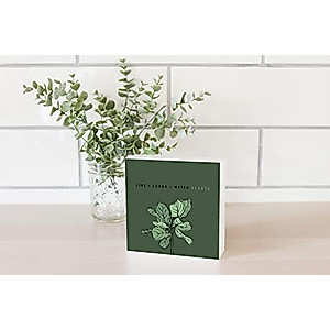 Green Fiddle Leaf Fig Tree, JoyRide Home Decor Wood Block Sign, 5"x5" Freestanding, Shelf or Wall Displayed, Artist Designed Home Décor.
