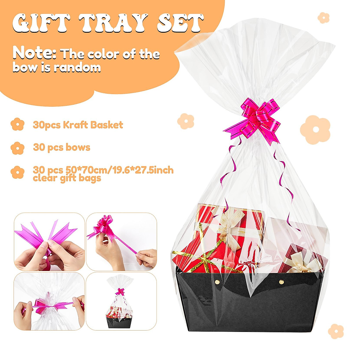 Tuanse 30 Pcs Basket for Gift Empty DIY Bulk Gift Basket Kit with Handle Kraft Cardboard Tray with 30 Bag 30 Bow Market Tray for Birthday Wedding Party Gift(Black,12.6 x 9.8 x 5.9 in)