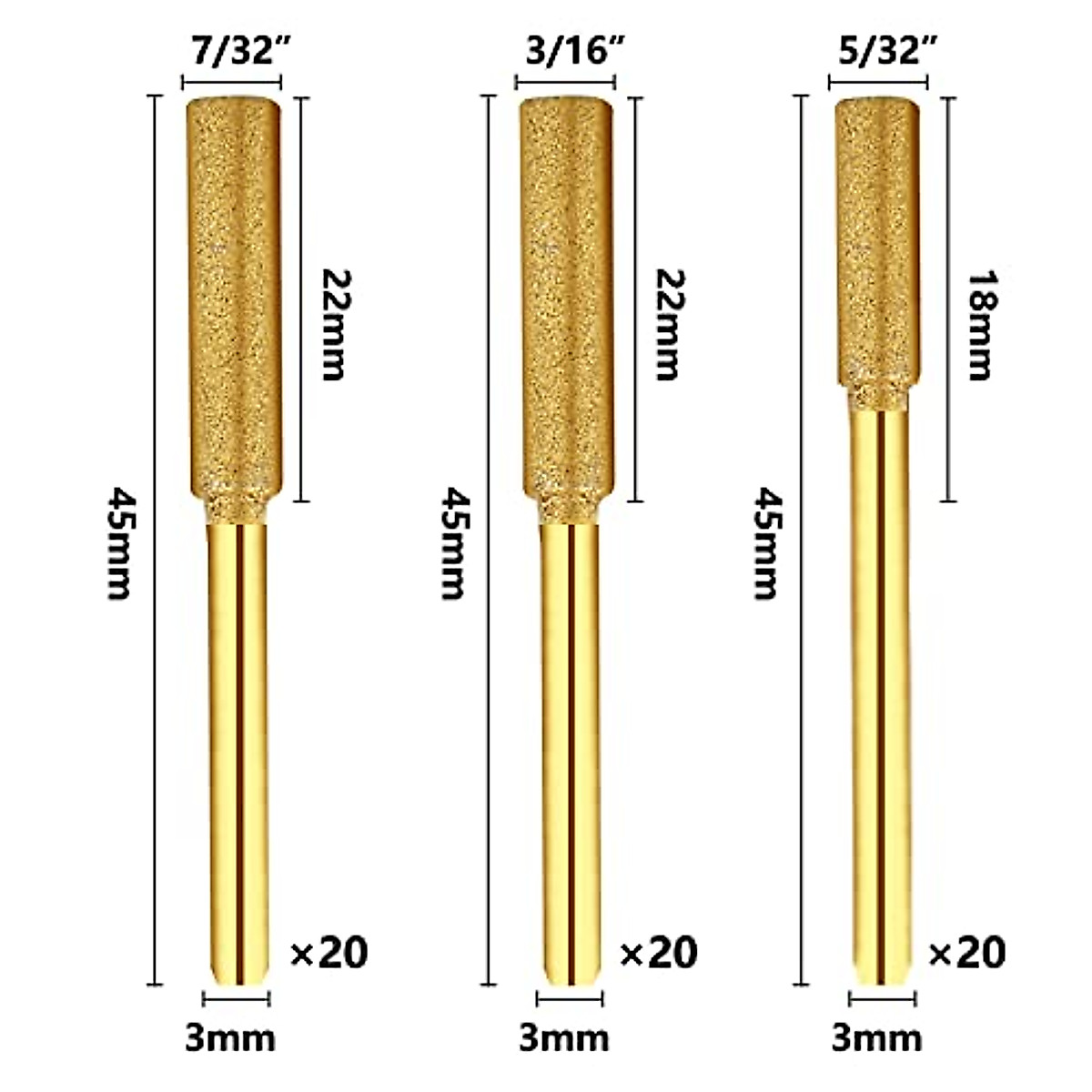 60 Pcs Titanium Plated Grinding Tool Diamond Chainsaw Sharpener Stones Bits High Hardness Chainsaw Sharpening Wheel For Machinery, Bearings, Metal Polishing, Chainsaws (5/32, 3/16, 7/32 Inches)