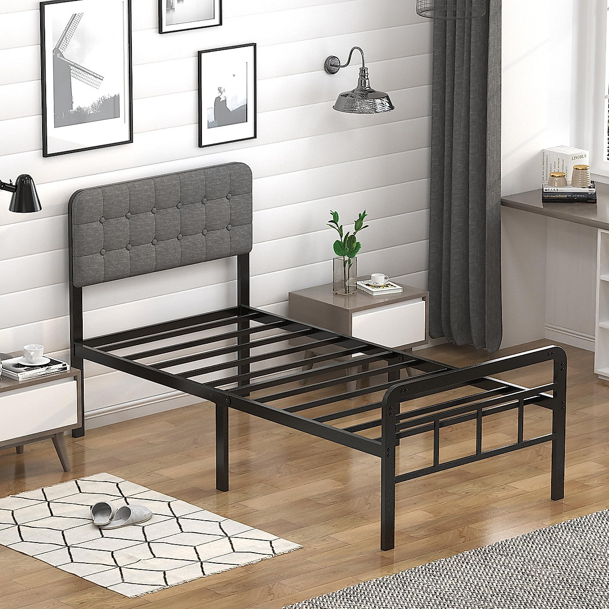 EMODA 16 Inch Twin Size Bed Frames with Upholstered Headboard and Metal Footboard, Heavy Duty Metal Slats Support Mattress Foundation, No Box Spring Needed, Easy Assembly