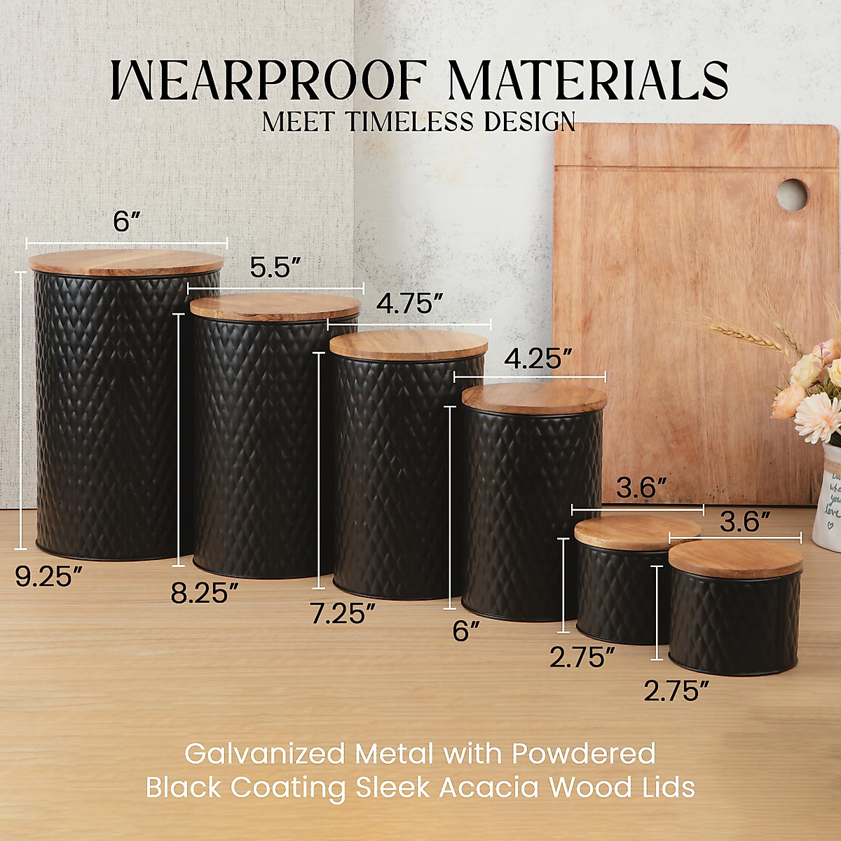 Alasitas 6 Canister Set for the Kitchen Countertop – Galvanized Metal Food Storage Canisters with Airtight Lids for Flour, Tea, Crafts, Coffee, & Sugar – Container Set with Modern Wood Lids, Black