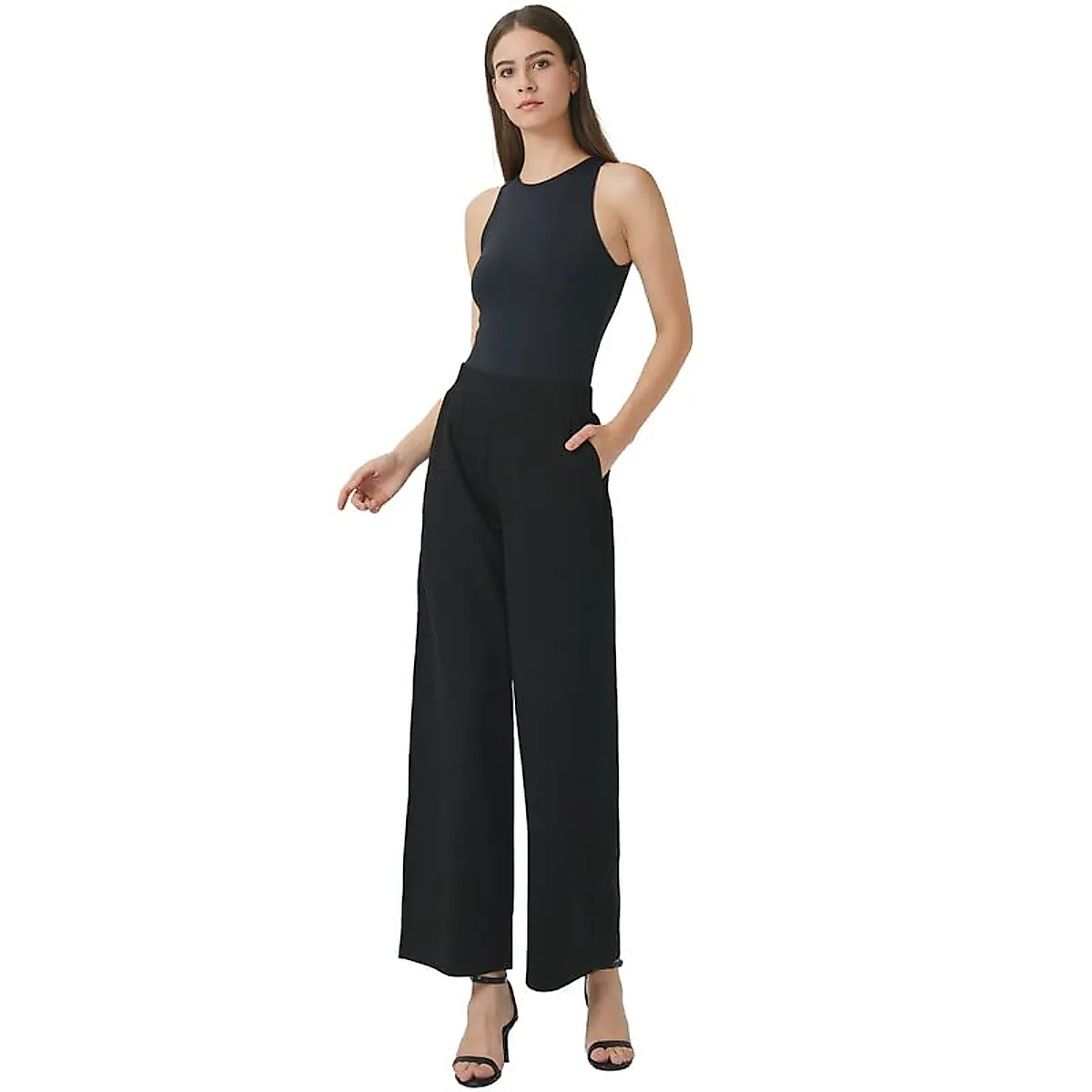 JASTIE Women's High Waist Palazzo Pants with Deep Pockets Comfort Pull-On Straight Petite Leg Regular Office Work Trousers(Black,S)…………