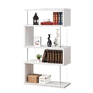 BOWERY HILL Cool Modern 4 Shelf Asymmetrical Snaking S-Shape Bookcase in Glossy White and Glass