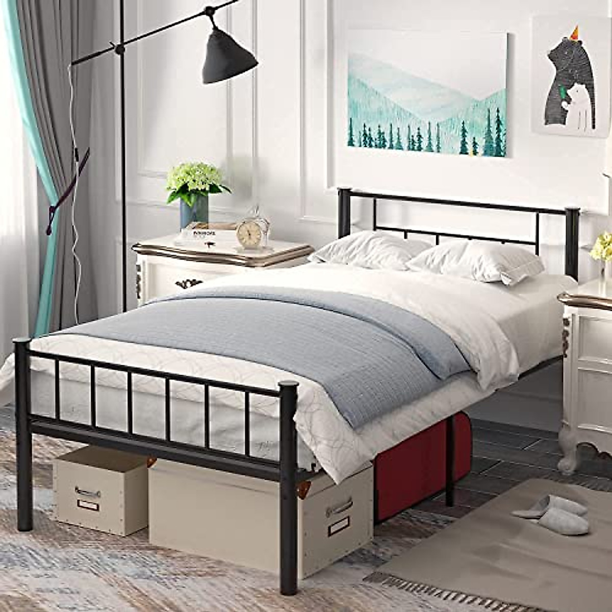 Twin Bed Frame Twin Platform Bed Frames with Headboard & Footboard Heavy Duty Twin Size Bed Frames with Steel Slat Support Under Bed Storage, Mattress Foundation, No Box Spring Needed, Black