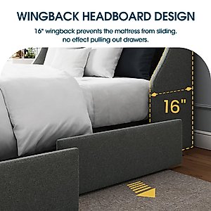 WEEWAY Upholstered Queen Size Bed Frame with 4 Storage Drawers and Wingback Headboard, Button Tufted Design, No Box Spring Needed, Easy Assembly, Light Grey