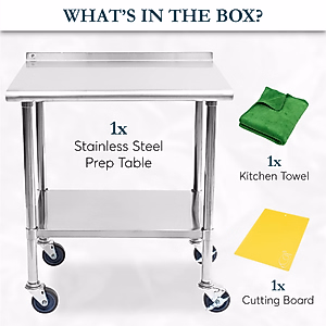 PALCHIO Stainless Steel Prep Table for Kitchen 30x24x34 - Food Prep Station with Backsplash, Shelf on Wheels for Commercial or Home Kitchen - Hotel, Restaurant Equipment with Cutting Board, Towel