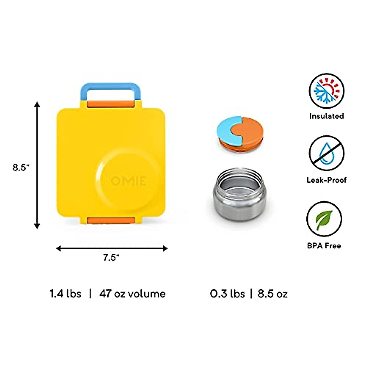 OmieBox Bento Box for Kids Insulated Bento Lunch Box with Leak Proof Thermos Food Jar, 3 Compartments + Yellow Blue Utensil Set with Case