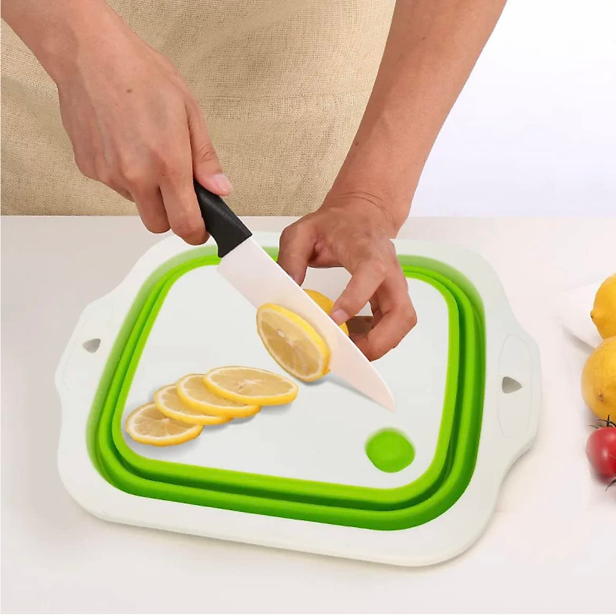 New collapsible folding colander with chopping board, vegetable washing basket silicone dish tub for BBQ Prep/Picnic/camping (grey)